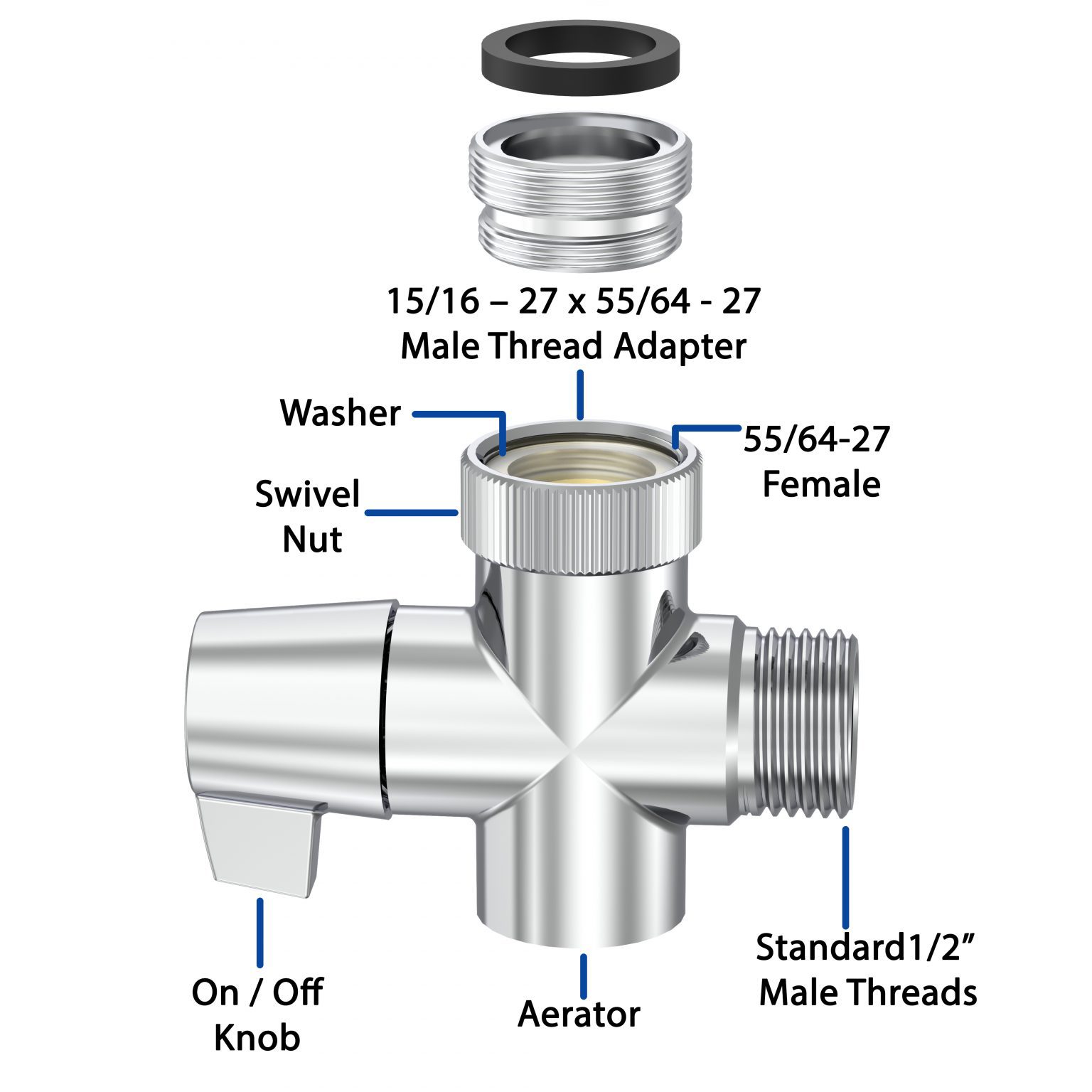 Aquaus Brass Faucet Diverter Valve -1/2” Hose Threads - RinseWorks